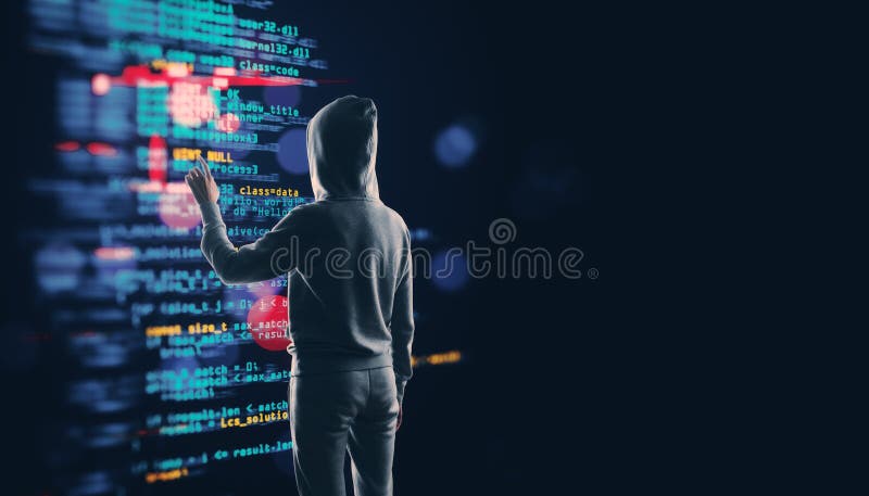 Person in Hoodie Interacting with Virtual Code on a Dark Background ...
