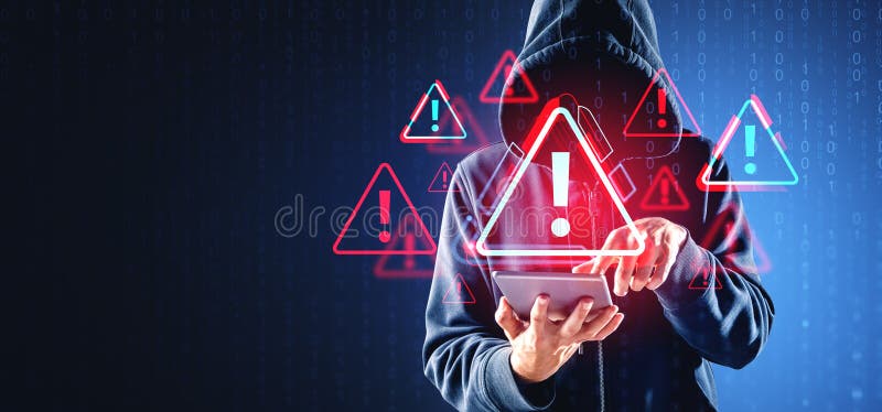 A Person in a Hoodie Using a Tablet, with Warning Symbols and Bi Stock ...