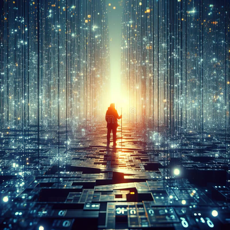 Person Immersed in Digital Space, Surrounded by Data Streams Stock ...