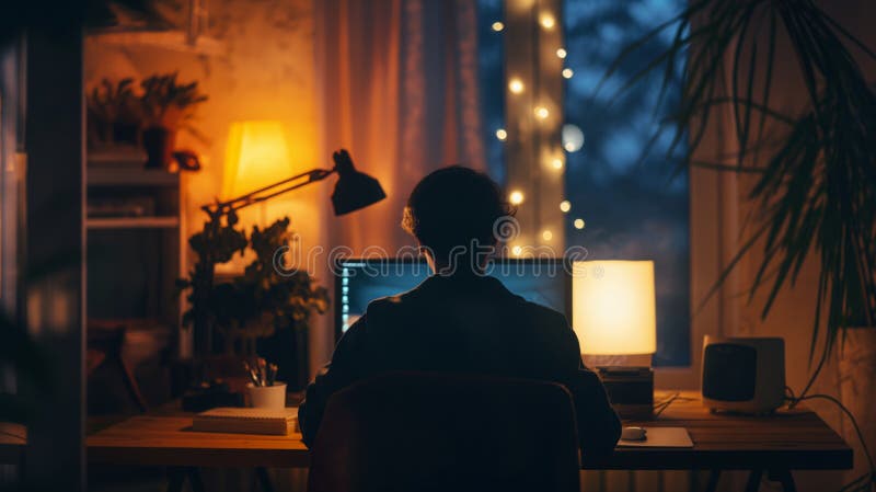 A Person Immersed in Work, Sitting at a Desk with a Soft Glow from a ...