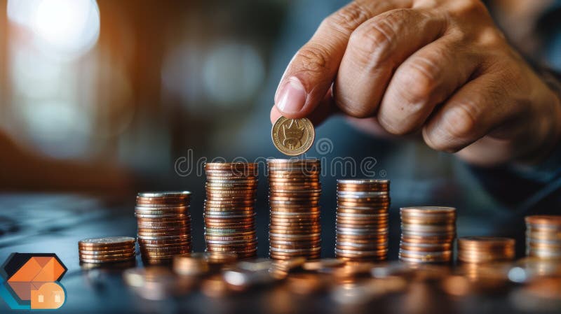 Person Inserting Coin into Stack of Coins Stock Image - Image of budget ...