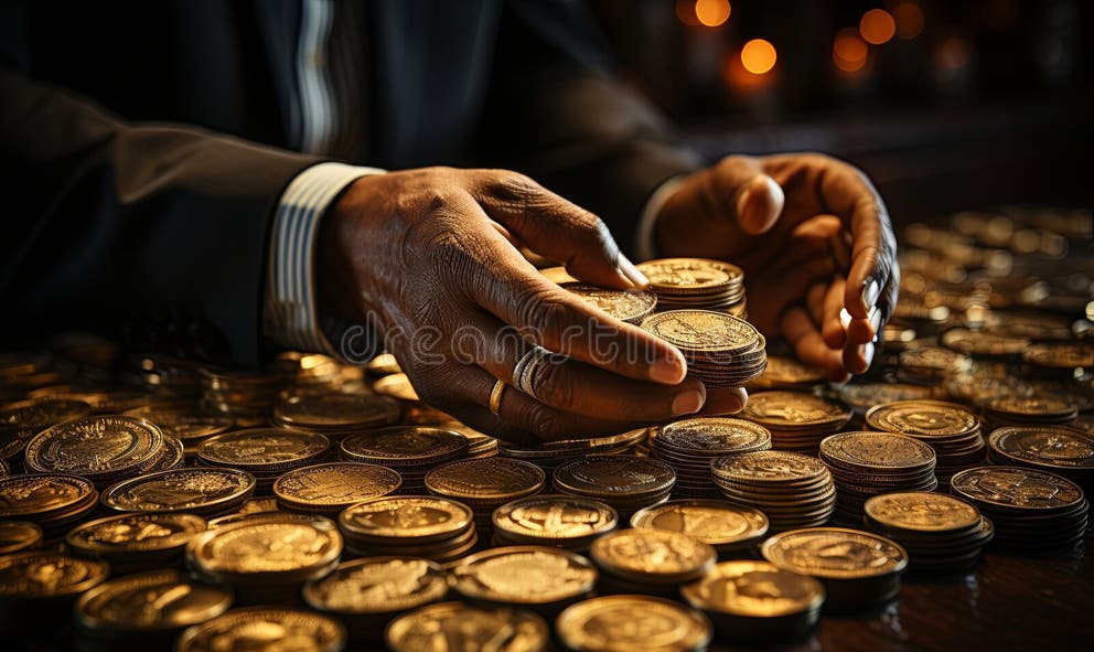 Person Putting Coin into Pile of Gold Coins Stock Photo - Image of ...