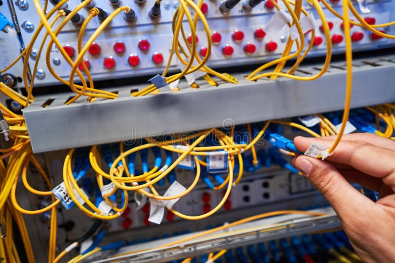 Person Inserting Network Cable into Port of Server Cabinet Stock Photo ...