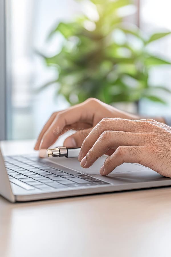 Person Inserting a USB into a Laptop, Clean Desk Setup with Bright ...