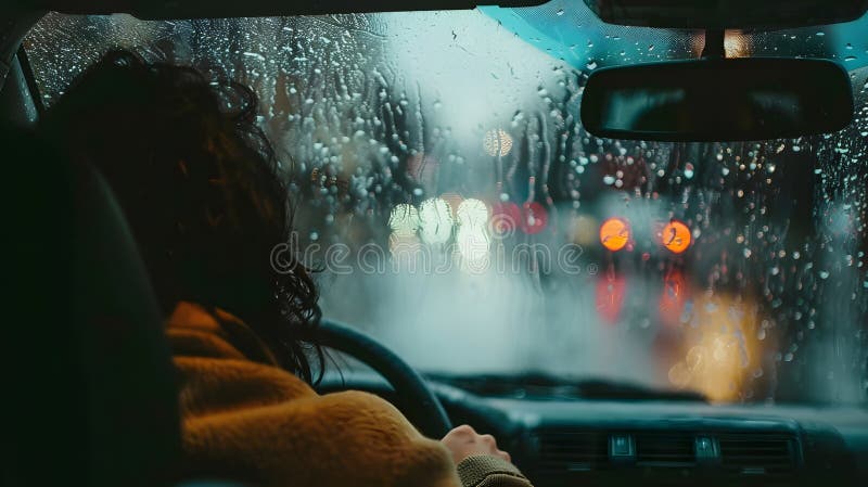Person Inside Car Looking Out at Rain-Blurred Windshield Stock ...