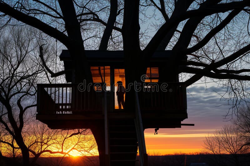 Person Inside the Tree House Looking Out through the Door at Sunset ...