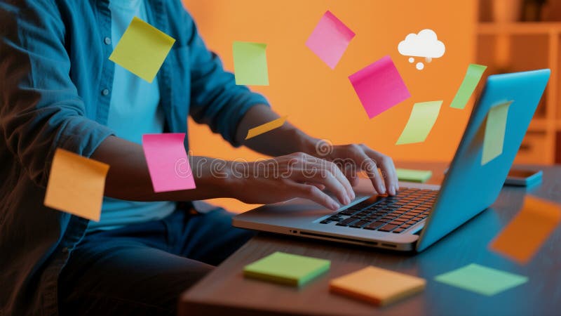 Person Working on Laptop with Floating Notes Suggesting Ideas and ...