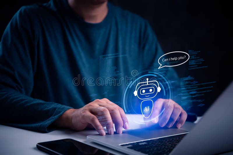 Person Interacting with AI Chatbot on a Laptop, Symbolizing Advanced ... Person Interacting with AI Chatbot on a Laptop, Symbolizing Advanced ...