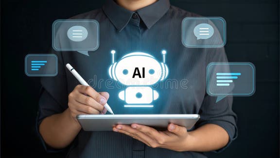 Person Interacting with AI Robot Interface. Artificial Intelligence ...