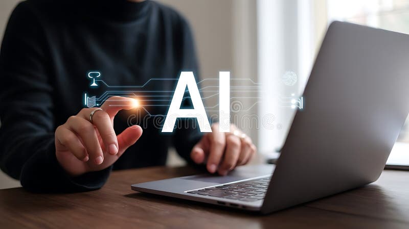 Person Interacting with Artificial Intelligence through Laptop Computer ...