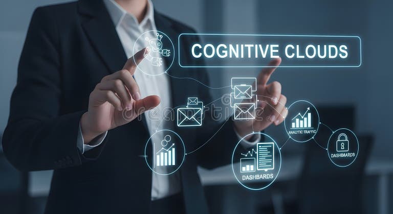 Person Interacting with Cognitive Cloud Interface, Data and Analytics Displayed Stock ...