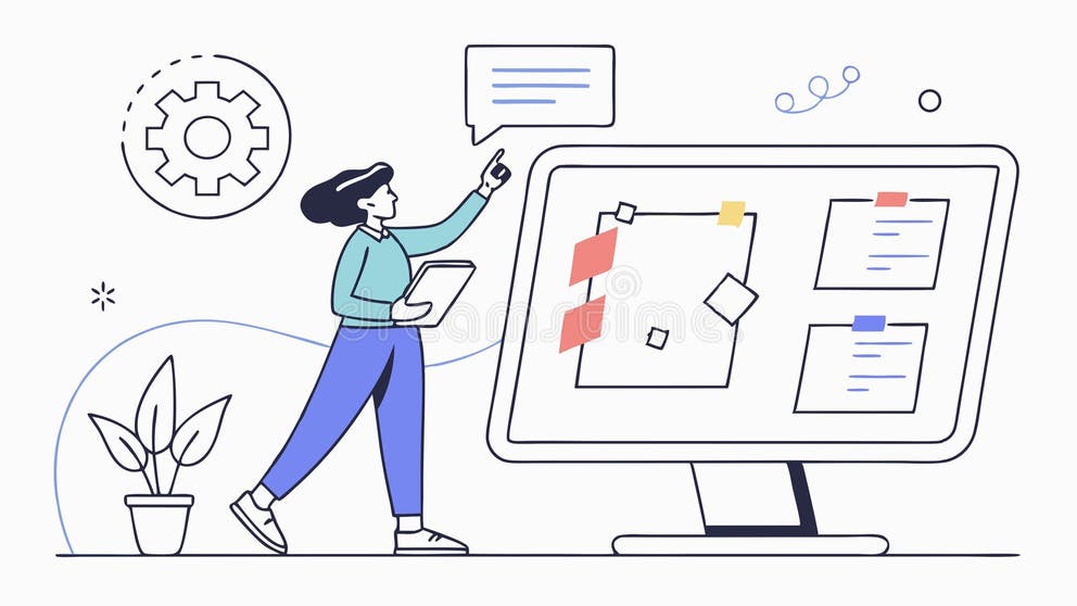 Person Interacting with Computer Digital Solutions, Vector Design ...