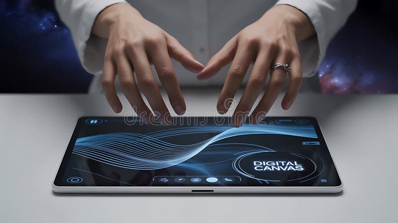 Person Interacting with a Digital Canvas Display Showing Abstract ...