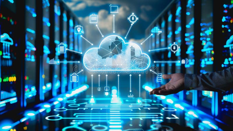 A Person Interacting with a Digital Cloud Interface, Symbol Icon Computing and Technology. Stock ...