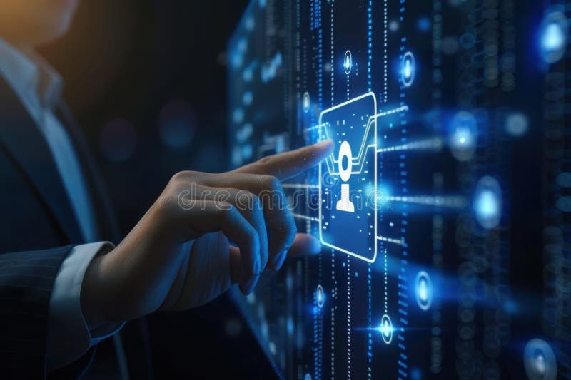 A Person Interacting with a Digital Interface Displaying Data and Icons ...