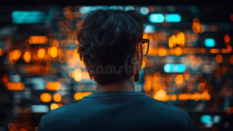 Person Interacting with Digital Technology, Observing Data ...