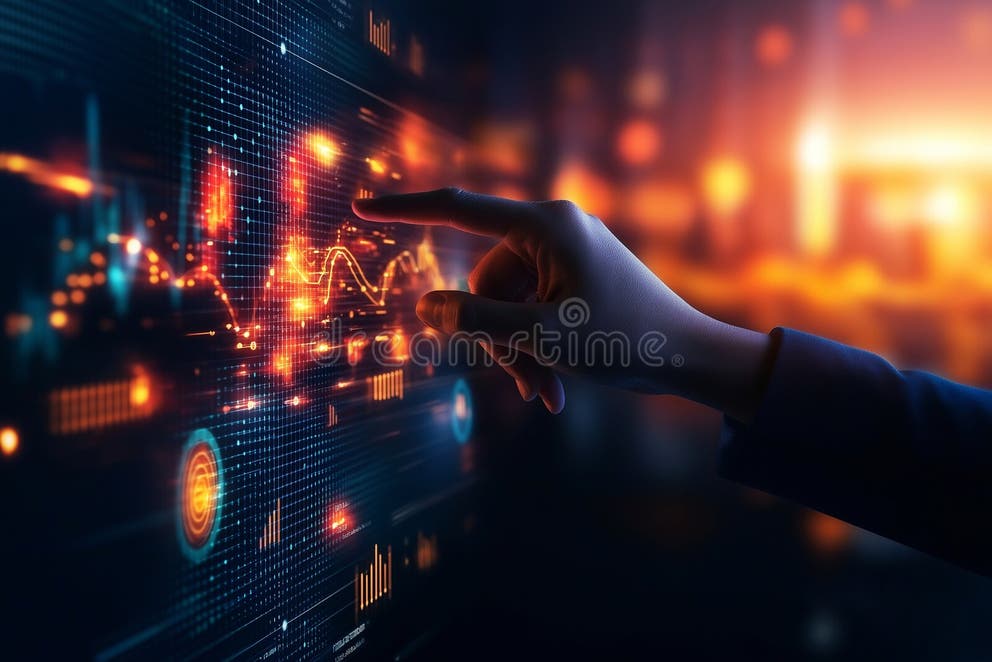 Person Interacting with Digital Touchscreen Analyzing Data ...