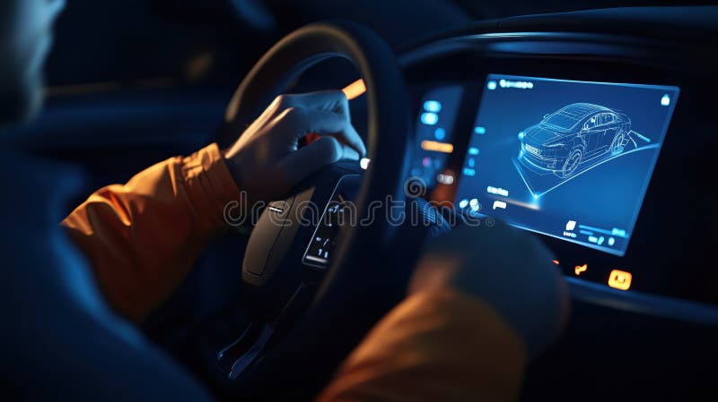 Person Interacting with Futuristic Car Dashboard Night, Showcasing ...