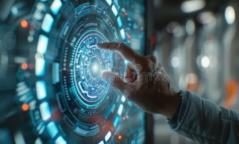 Person Interacting With Futuristic Circular Interface Screen Stock