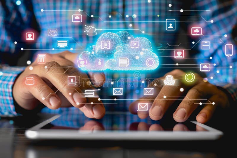 Person Interacting with Futuristic Cloud Interface Surrounded by ...