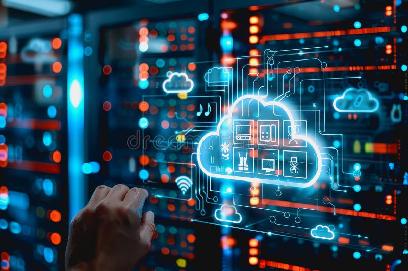 Person Interacting with Futuristic Cloud Interface Surrounded by ...