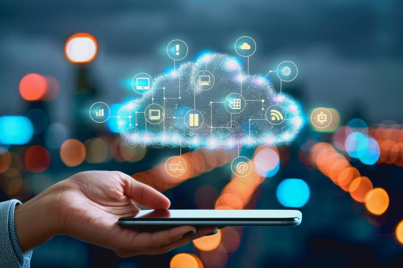 Person Interacting with Futuristic Cloud Interface Surrounded by ... Person Interacting with Futuristic Cloud Interface Surrounded by ...