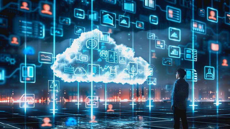 Person Interacting with Futuristic Cloud Interface Surrounded by ... Person Interacting with Futuristic Cloud Interface Surrounded by ...