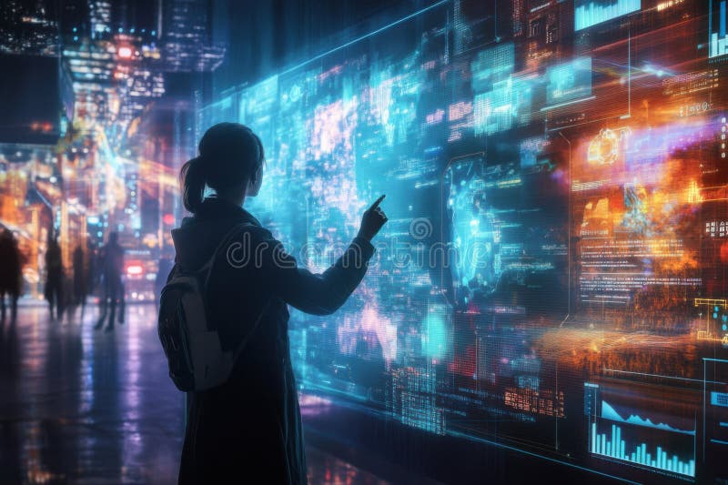 Person Interacting with a Futuristic Digital Display in a Vibrant Urban ...