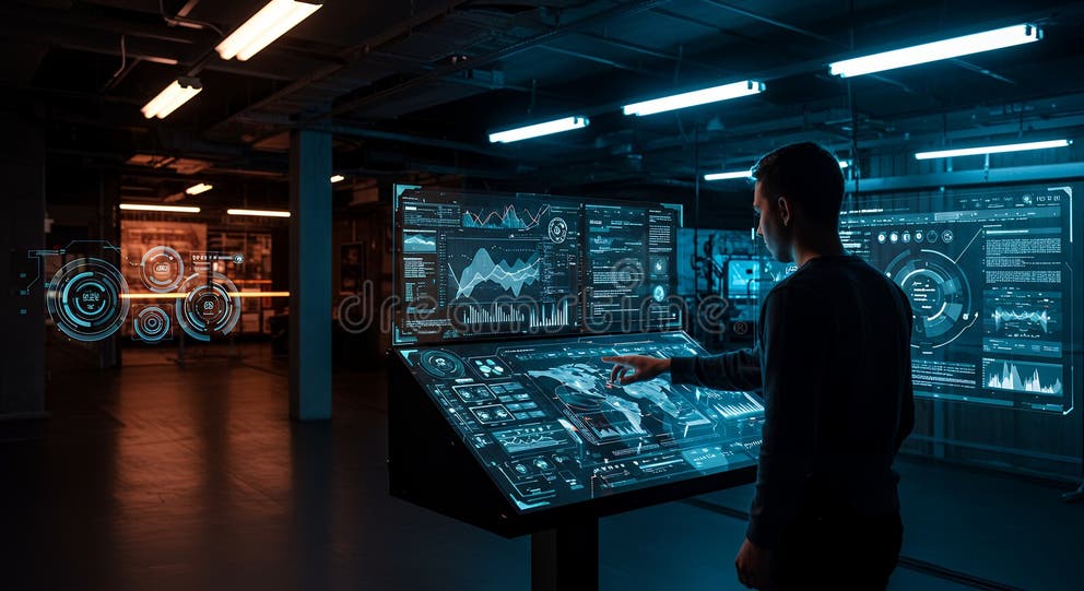 Person Interacting with Futuristic Digital Interface in Cool Lighting ...