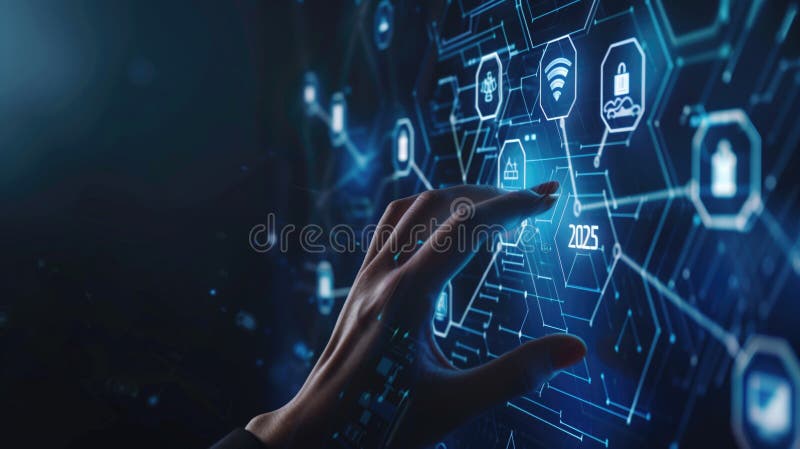 Person Interacting with Futuristic Digital Interface Displaying 2025 ...