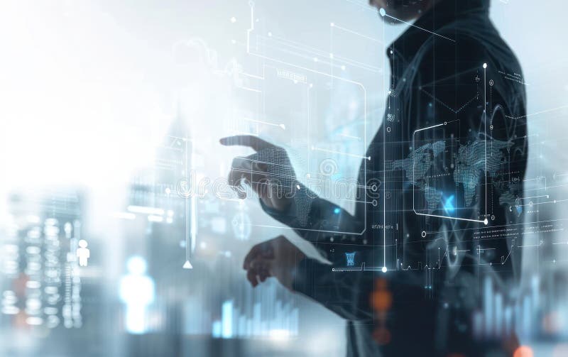 Person Interacting with Futuristic Digital Interface in a High-Tech Environment with Holographic ...