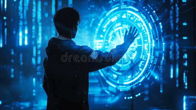 Person Interacting with a Futuristic Digital Interface, Showcasing ...