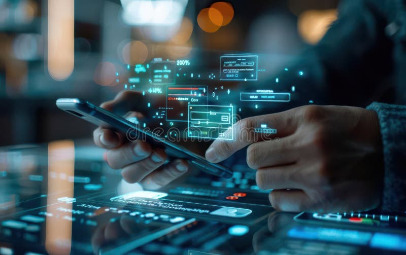Person Interacting with Futuristic Digital Interface on a Smartphone in ...