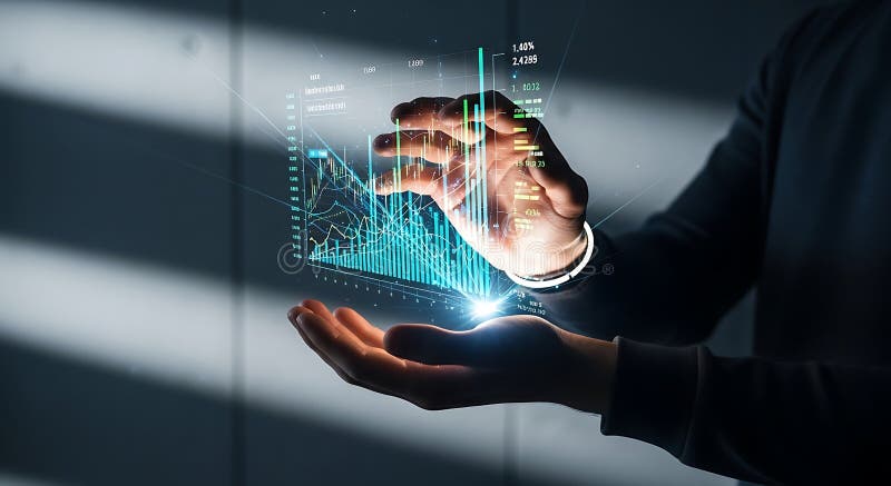 Person Interacting with Futuristic Holographic Data Display Stock Illustration - Illustration of ...