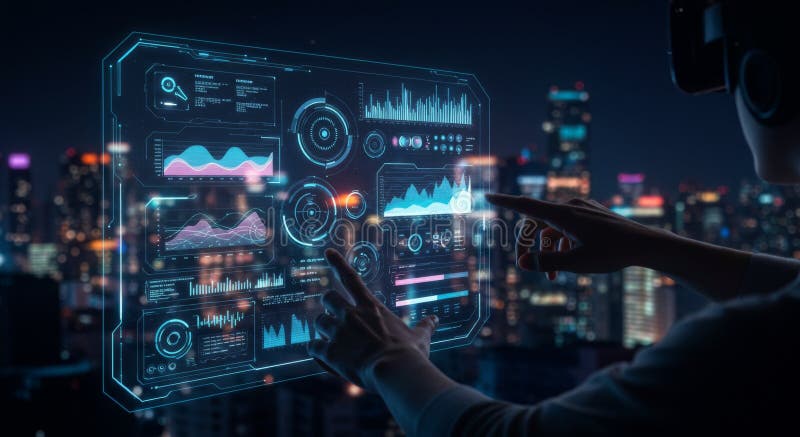 Person Interacting with Futuristic Holographic Data Interface Stock Illustration - Illustration ...