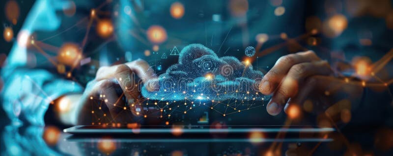 Person Interacting with a Futuristic Tablet Showcasing Cloud Technology ...