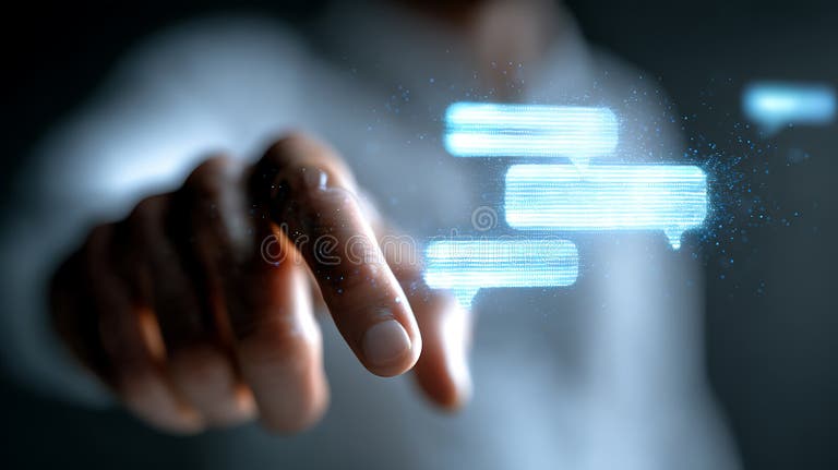 Person Interacting with Holographic Chat Interface Depicts Modern Communication and Digital ...