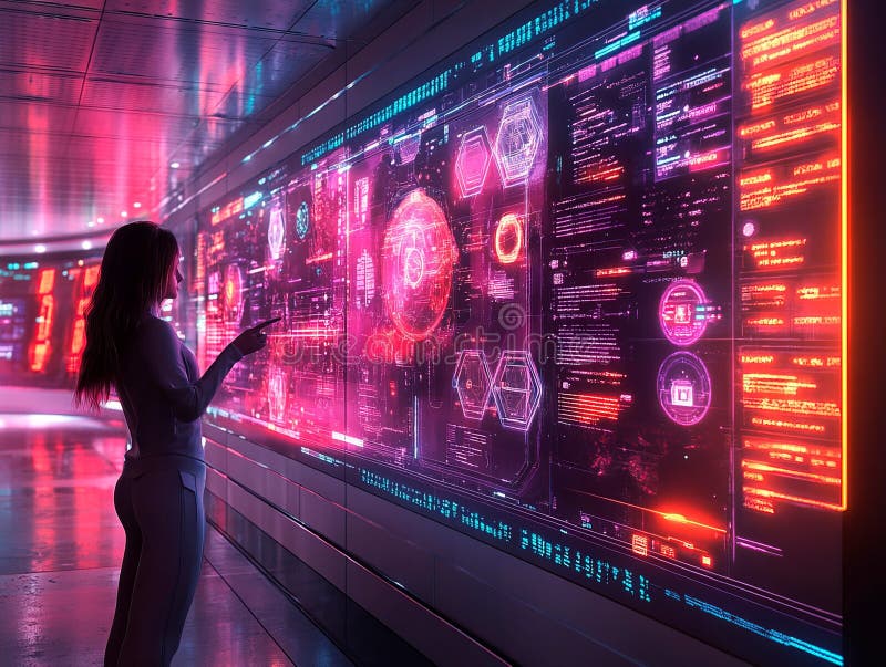A Person Interacting with a Holographic Display in a Futuristic, High ...