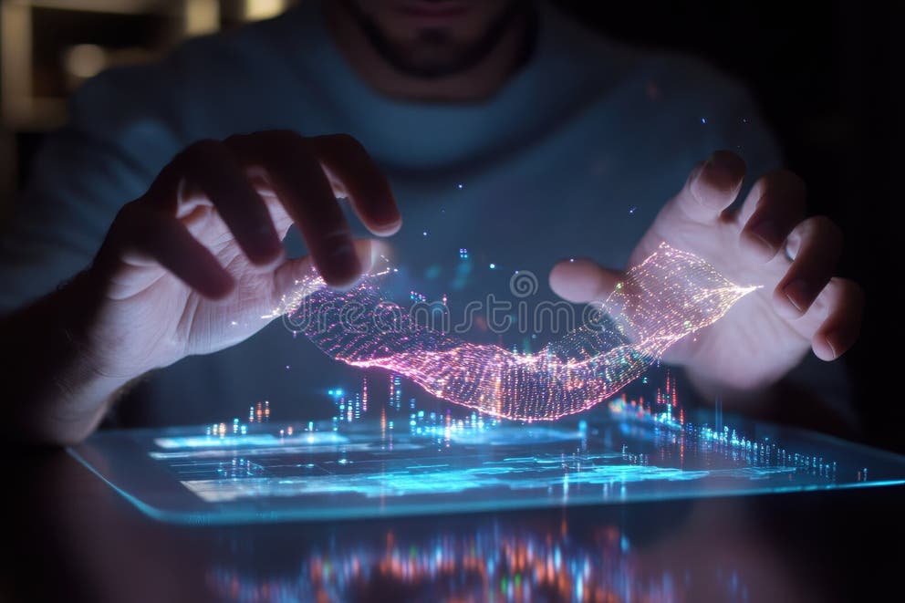 A Person Interacting with a Holographic Interface Displaying Data and Visualizations Stock ...
