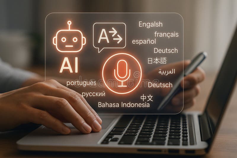 Person Using a Laptop with an Ai Translation Interface for Multilingual Communication and ...