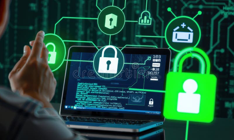 Person Interacting with Laptop Displaying Cybersecurity Icons and Data ... Person Interacting with Laptop Displaying Cybersecurity Icons and Data ...