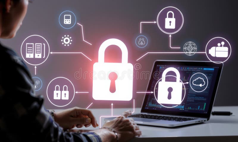 Person Interacting with Laptop Displaying Cybersecurity Icons ...