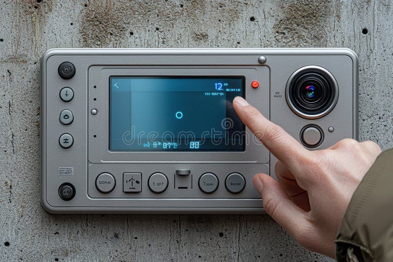 Person Interacting with a Modern Wall-mounted Intercom Device with ...
