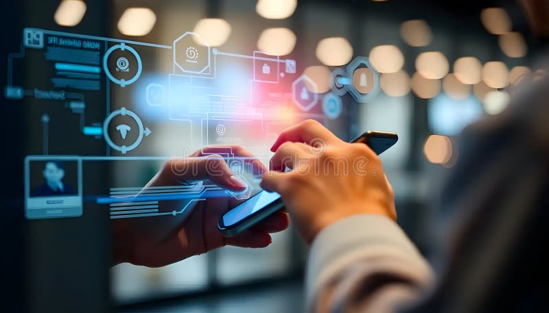 Person Interacting with a Phone Showing Data Visualization Overlays ...