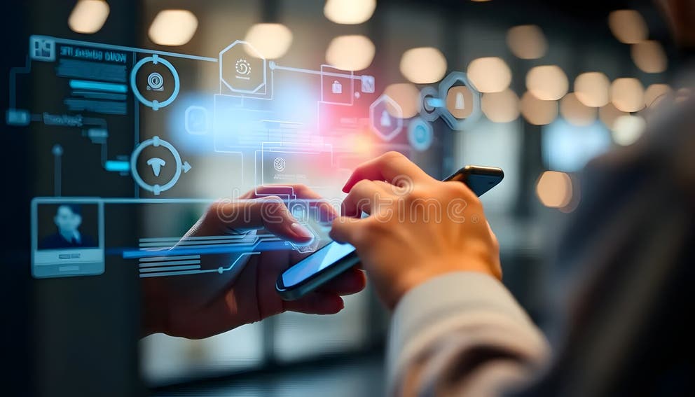 Person Interacting with a Phone Showing Data Visualization Overlays ...