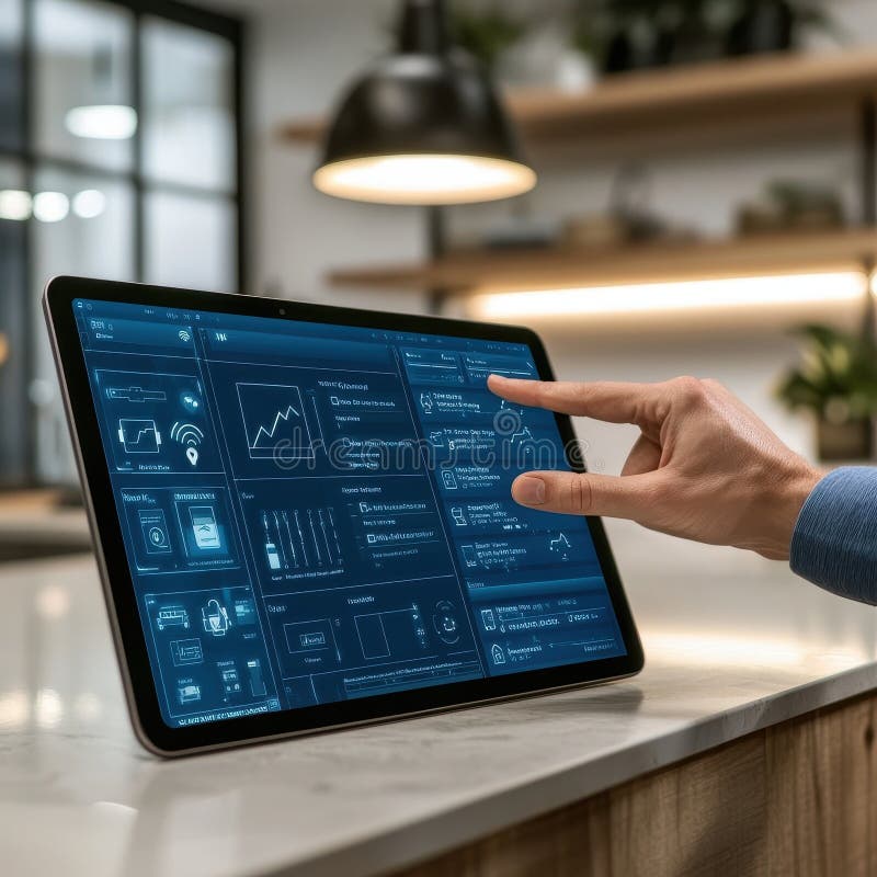 Person Interacting with a Smart Home Security System Displayed on a ...