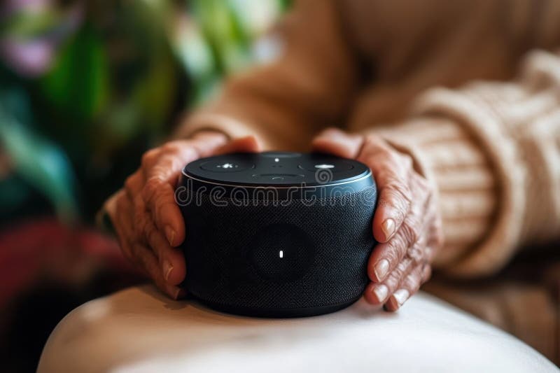Person Interacting with a Smart Speaker in a Cozy Indoor Environment ...