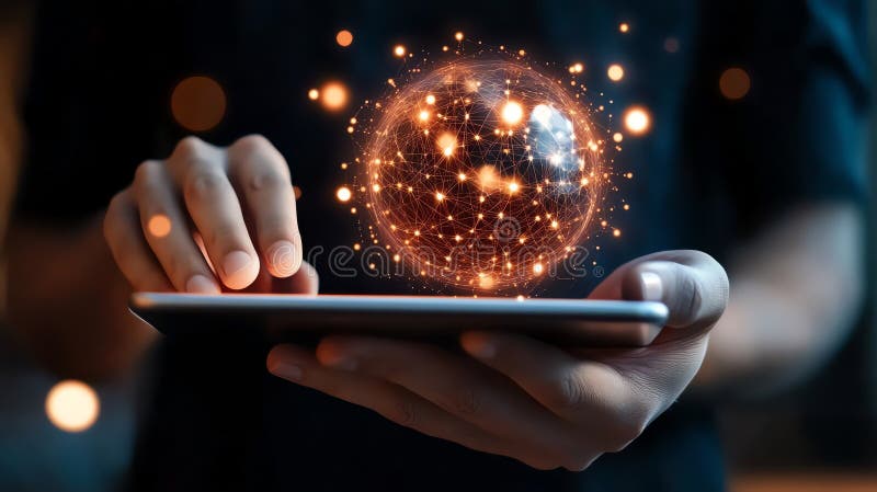 Person Interacting with a Tablet Displaying a Glowing Digital Globe ...