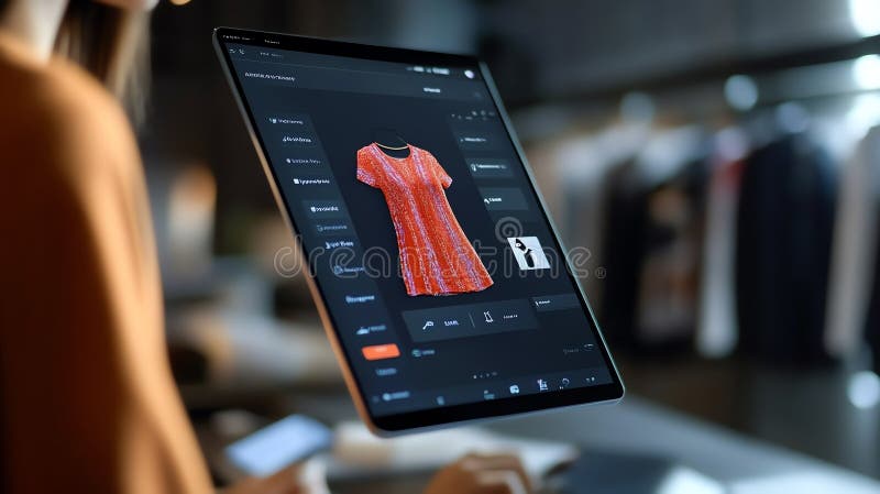 Person Interacting with Tablet Showcasing Clothing Design in a Retail ...