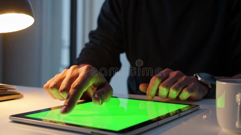 Person Interacting with Touchscreen Tablet Footage in Modern Workspace ...